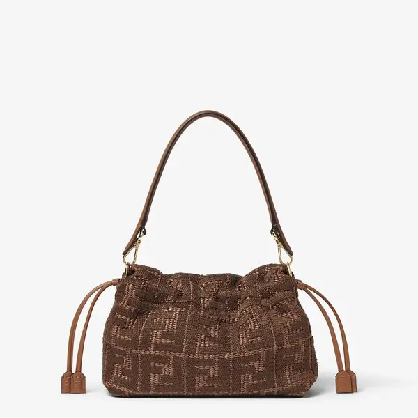 Fendi Baguette® Soft Medium Sellier Brown Raffia-effect Material Woven Bag With Ff Embroidery